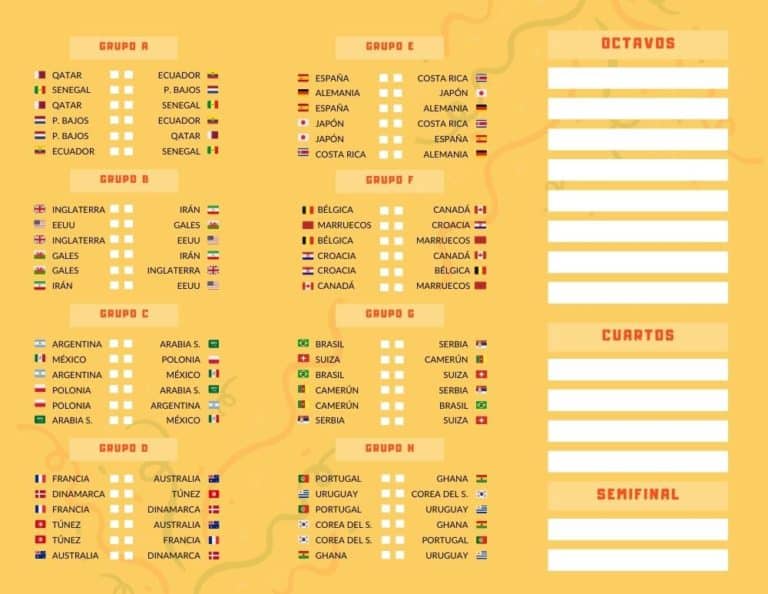 Fixture del Mundial Qatar 2022 Editable para Imprimir Gratis